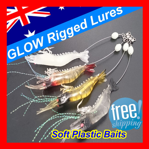 4x GLOW Rigged Prawn Shrimp Fishing Lures Soft Plastic Baits Lure ...
