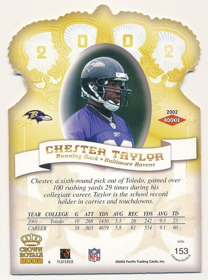 CHESTER TAYLOR 2002 PACIFIC CROWN ROYALE #153 ROOKIE DIE CUT BALTIMORE ...