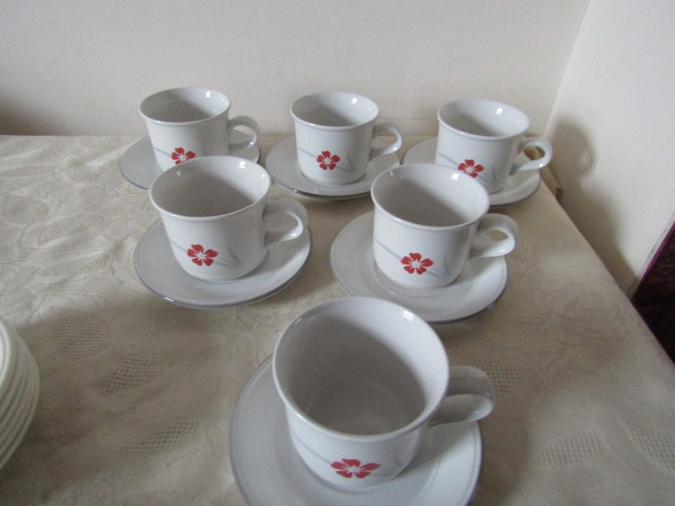Vintage Pottery Tea Set of 6 red & grey Flowers Floral Cups & Saucers ...