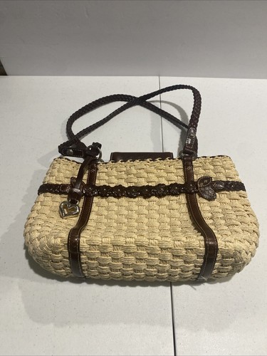 BRIGHTON PURSE Natural Woven Straw Tan Brown Shoulder Bag Leather Trim ...