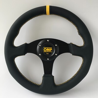 330mm Leather Flat Racing Steering Wheel Yellow Stitch Fit Omp hub MOMO ...