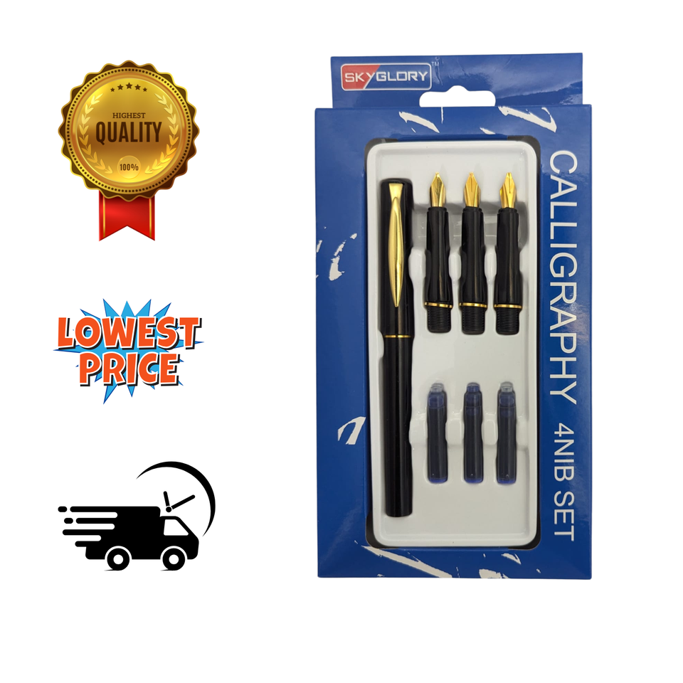 Sky Glory Calligraphy Pen Set - 4 Gold Nibs + 3 Ink Cartridges - Gift ...