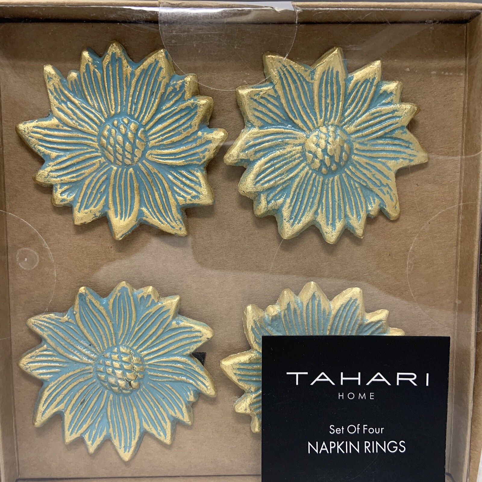 Set of 4 Tahari Home Metal Napkin Rings Blue Gold Daisies | eBay