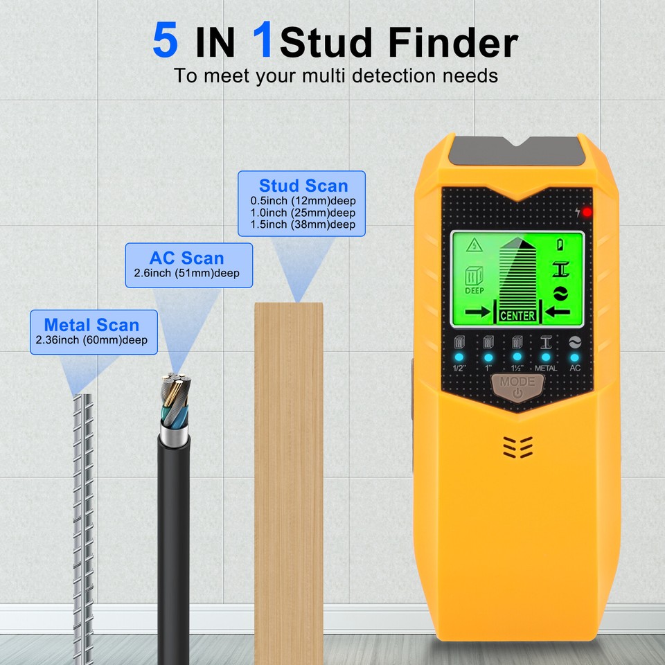 5 in 1 Digital Stud Finder Wood Metal Pipe Wire Wall Scanner Sensor LCD ...
