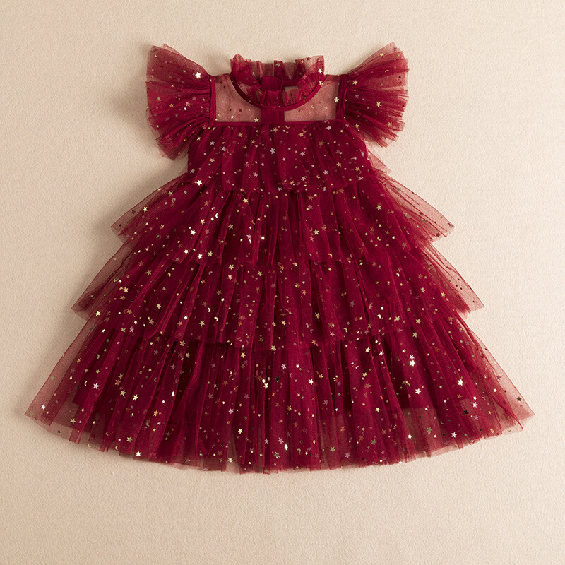 Kid Mesh Tulle Voile Dress A-line Tiered Layered Shiny Sequin Star ...