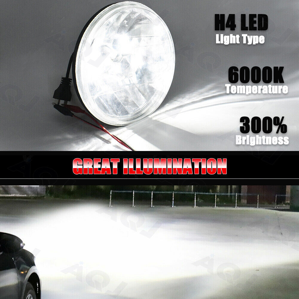 7" Stock Glass Lens Metal Headlight 6v 6Volt 6k LED H4 Light Bulb ...