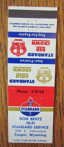 DON BENTZ STANDARD GAS STATION 1960s MATCHBOOK MATCHCOVER: CASPER ...