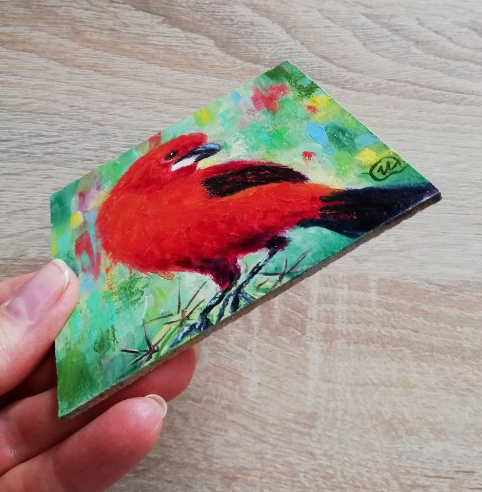 Original Oil Painting Red Bird -Animal Collectible Artwork -Small Art ...