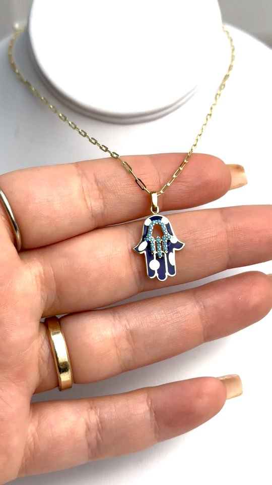 14k Solid Gold Hamsa Hand Pendant with Cubic Zirconia Necklace Charm ...