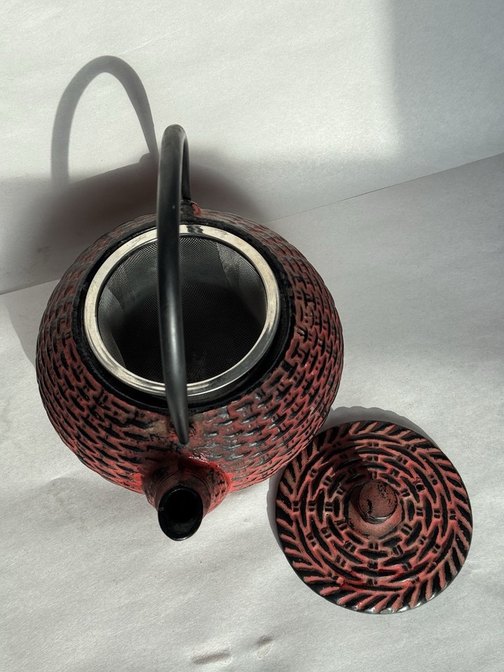 Red Cast Iron Tetsubin Style Teapot Enameled Interior Tea Pot w ...