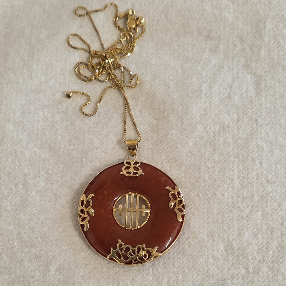 Vintage 925 Sterling Silver Gold Vermeil Orange Jade Torus Disc Pendant ...