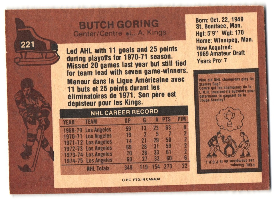 Butch Goring 1975 O-Pee-Chee #221 Los Angeles Kings EX-NM | eBay