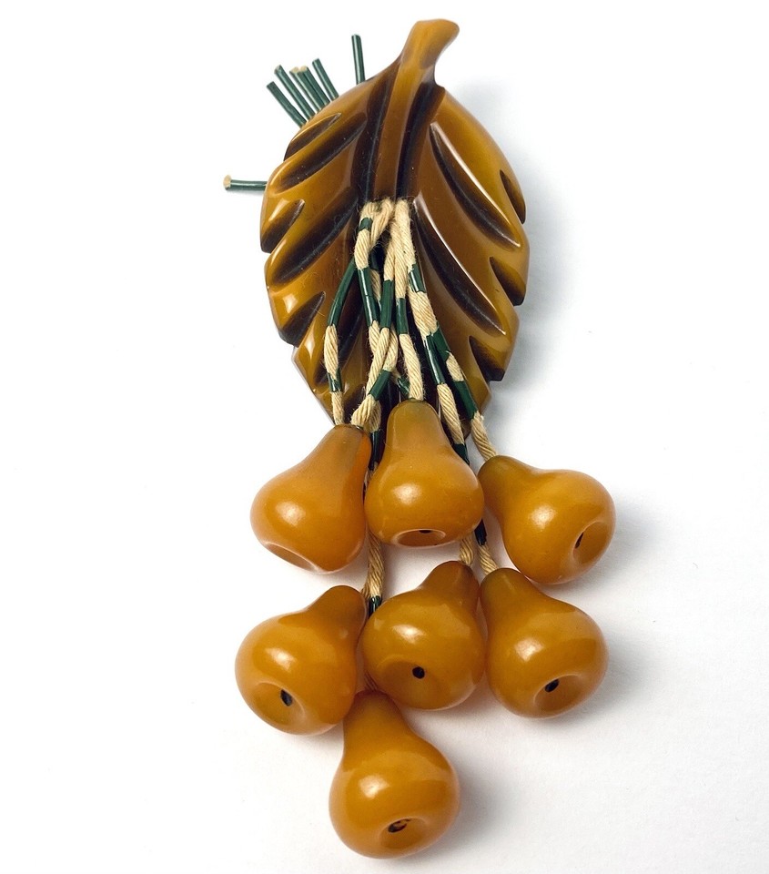 Vintage Bakelite Pear Dangle Leaf Brooch Pin 1940s Wax String Banana ...