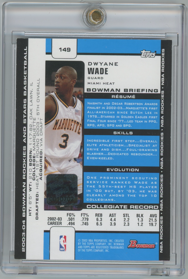 Dwayne Wade 2003 Topps Bowman Certified Auto Rookie RC #149 22999 | eBay