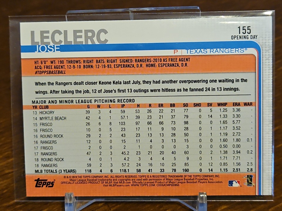 2019 Topps Opening Day Jose Leclerc Texas Rangers #155 | eBay