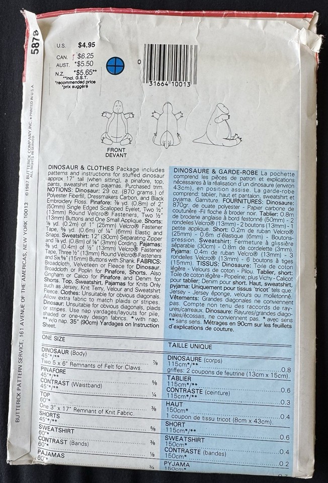 Butterick 5878 Dinosaur Clothes Sewing Pattern | eBay