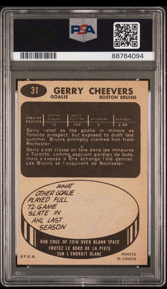1965 Topps 31 Gerry Cheevers Signed Rookie RC HOF 85 PSA Card Grade 4 ...