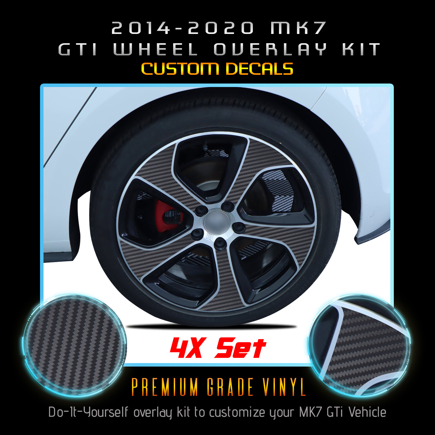 For 2014-2020 MK7 GTI Wheel Rims Overlay Wrap Decal - Matte Carbon ...