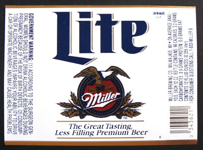 Miller Brewing Co. LITE MILLER beer label WI 12oz L-1 | eBay