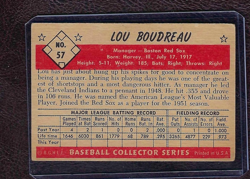 1953 Bowman Baseball Card #57 Lou Boudreau, Boston Red Sox, VG-EX! | eBay