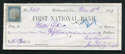 1871 $15 FIFTEEN DOLLARS FIRST NATIONAL BANK RICHMOND, VA BANK CHECK ...