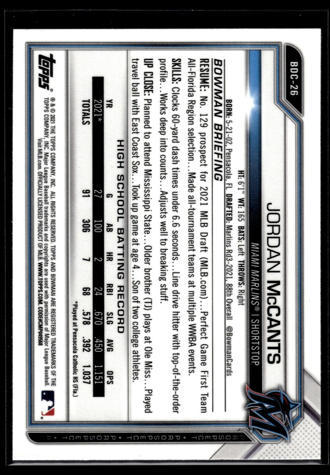 Jordan McCants 2021 Bowman Chrome Draft B&W RayWave Refractor Card #BDC ...