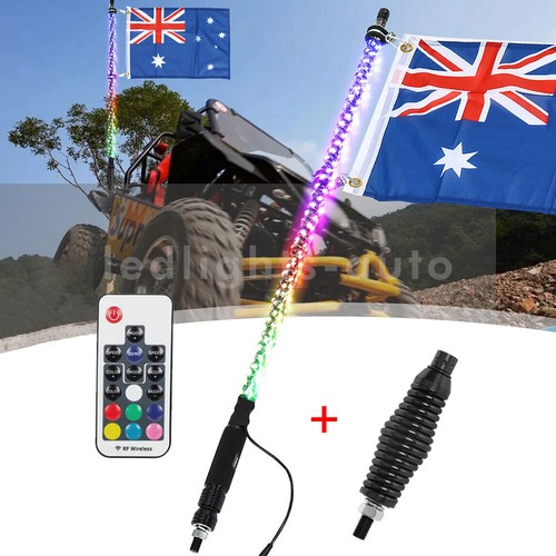 3FT Spiral RGB LED Whip Light Antenna w/ Flag & Remote + Spring Base ...