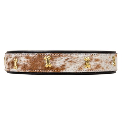 Myra LEATHER DOG COLLAR Hair On white & Brown Leather WGold Dog Bones ...