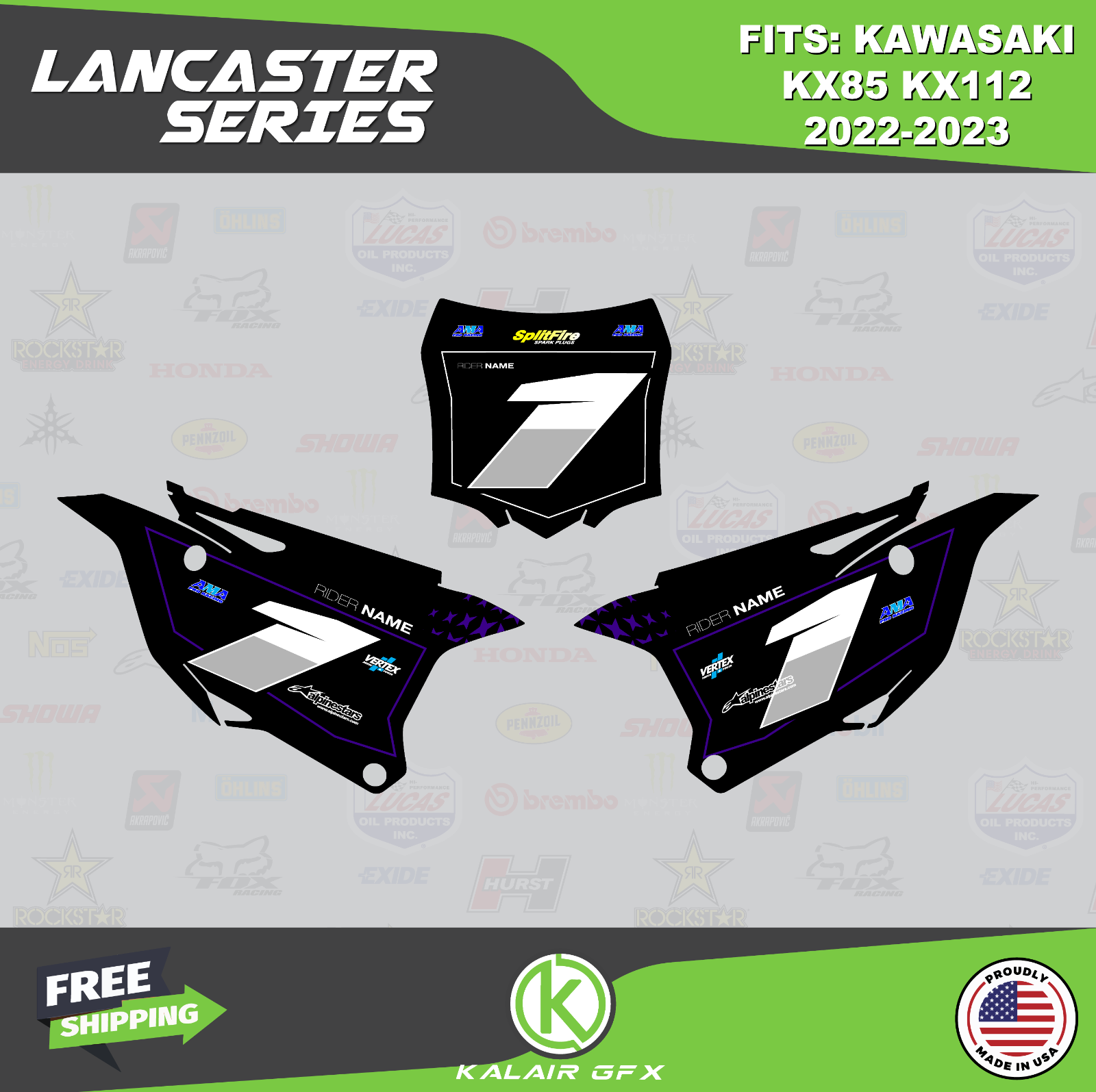 Graphics Kit for KAWASAKI KX85 KX112 2022 2023 Lancaster Series ...