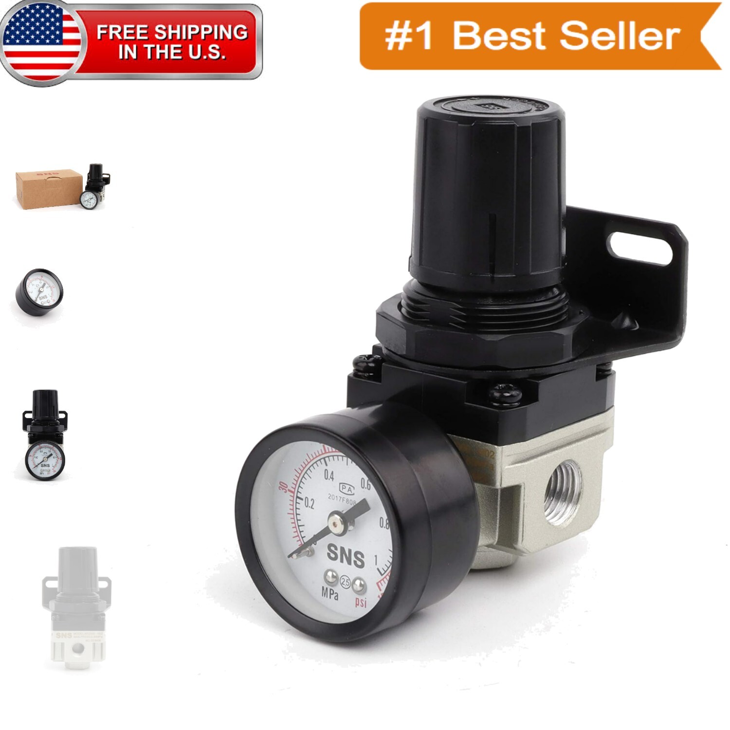 Compact Adjustable Air Regulator with Bracket, Gauge & 1/4 NPT - Easy ...