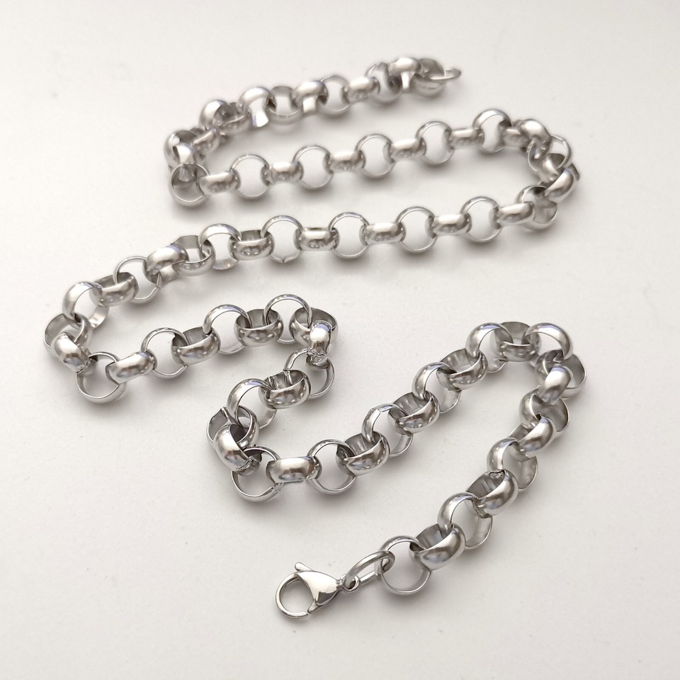 Large 10mm Men's fashion round bracelet necklace Rolo chain silver S ...