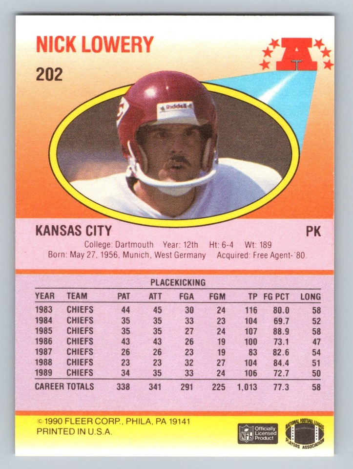 1990 Fleer #202 Nick Lowery Kansas City Chiefs | eBay