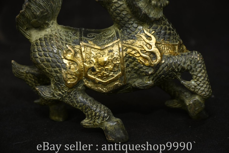 5.4" Old Chinese Bronze Fengshui Kylin Unicorn Qilin Chi-lin Dragon ...