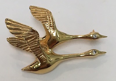 14k Yellow Gold Double Flying Geese Brooch 2 Diamonds .03ct "Together ...