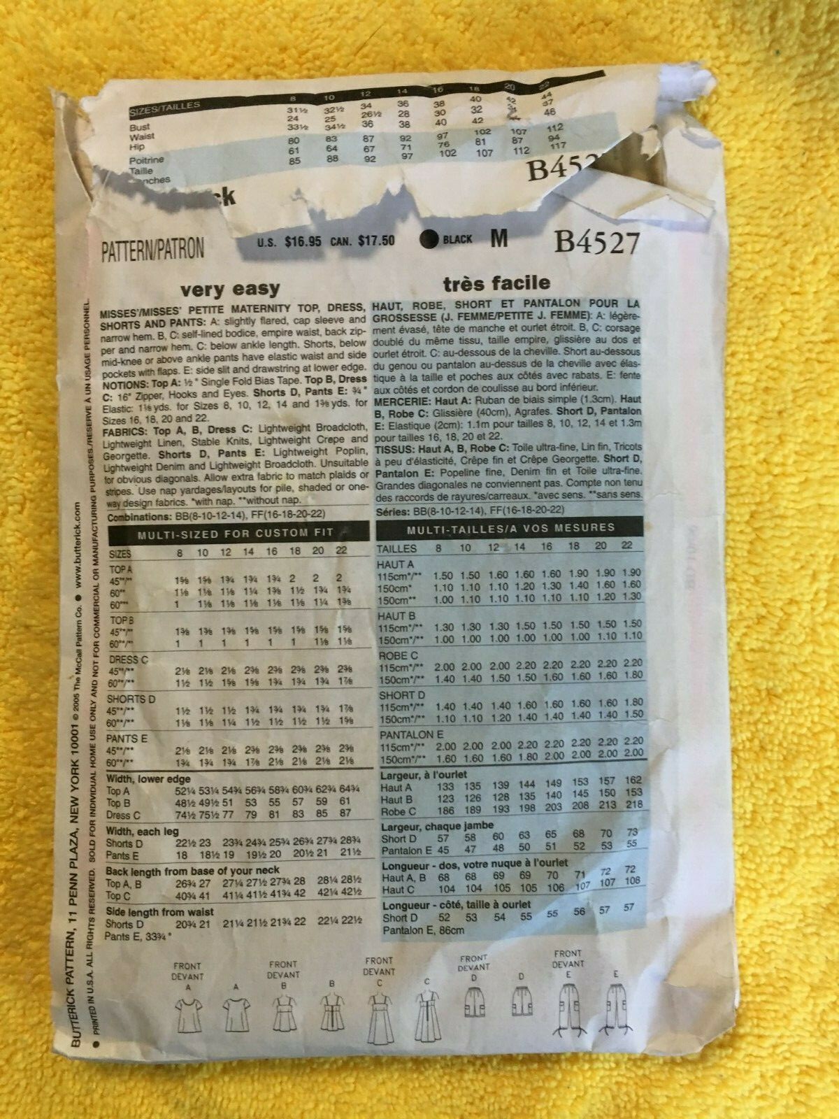 Butterick 3314 Pajamas Pants Shorts Top Pattern Plus Size 16 - 22 for ...