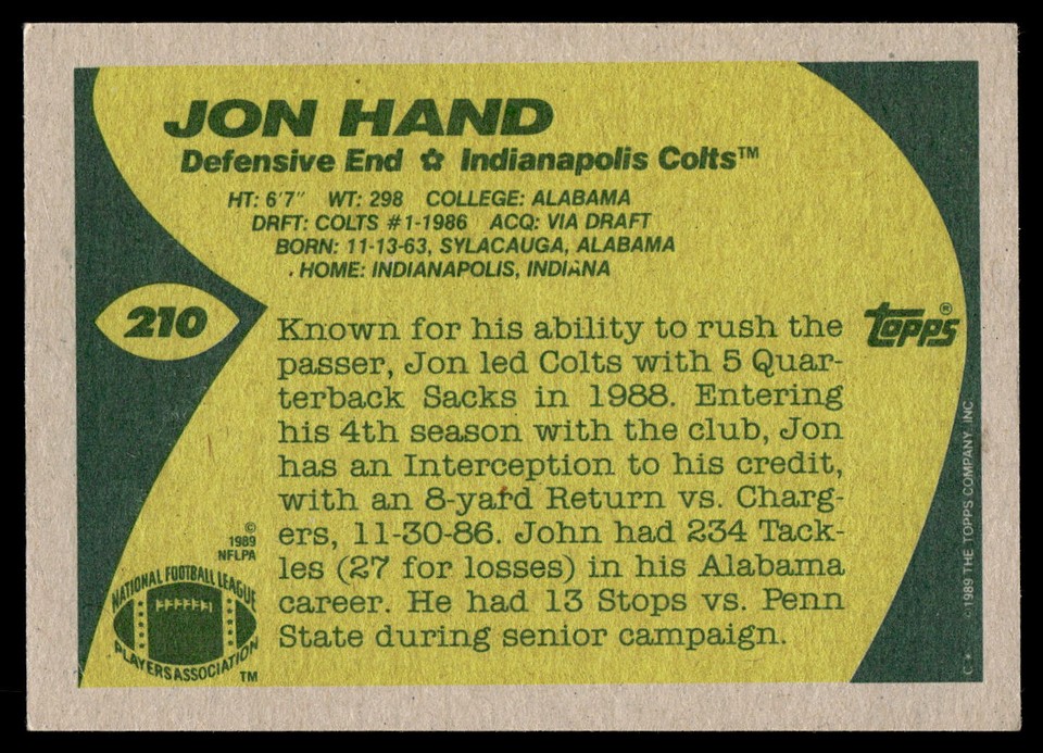 1989 Topps #210 Jon Hand See Scan | eBay