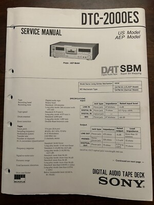 Sony DTC-2000ES Digital Audio Tape Deck Service Manual OEM Vintage ...