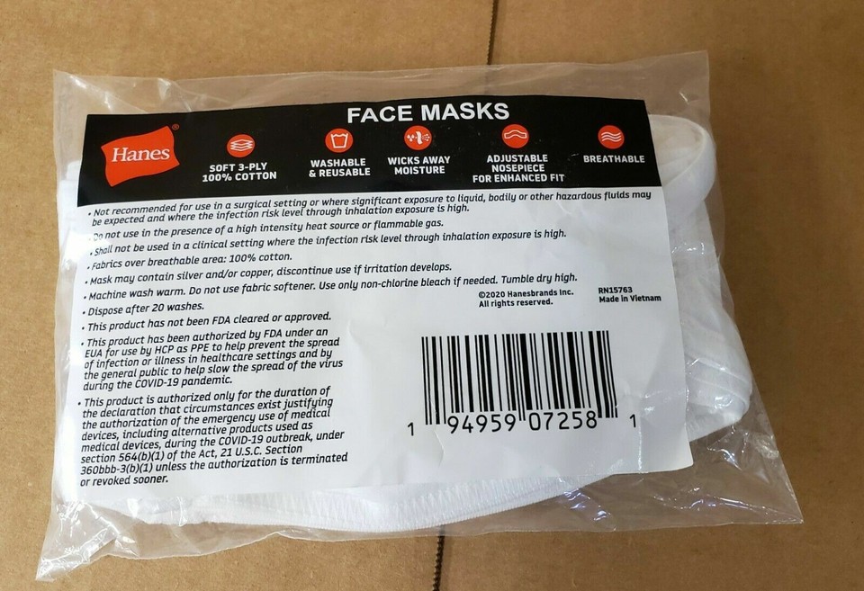 New 5 Pack Hanes Reusable PPE White Face mask, Washable soft 3-ply 100% ...
