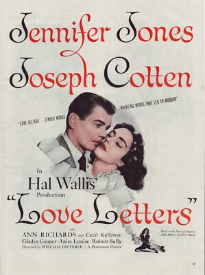 Print Ad Love Letters Film Noir 1945 Jones Cotten Full Page Magazine 10 ...