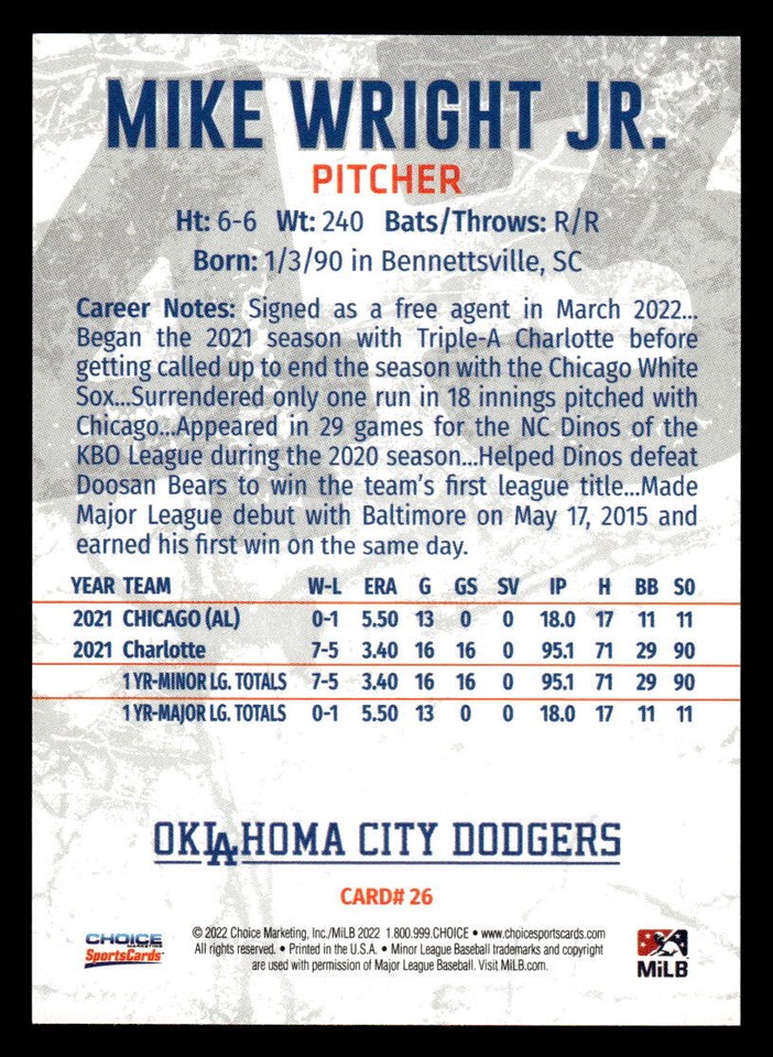 Mike Wright Jr. 2022 Choice Oklahoma City Dodgers #26 Oklahoma City Dodgers | eBay