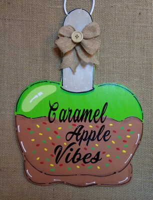 CARAMEL APPLE VIBES Green Wood Wooden Fall Autumn Sign Plaque Hanger ...
