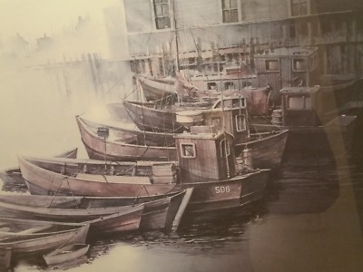 Art watercolor print Rick Burger Dawn Boat Harbor rare framed signed 44 ...