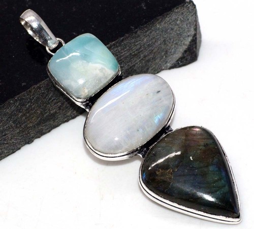 Rainbow Moonstone Fiery Labradorite 925 Silver Plated Long Pendant 3.3 ...