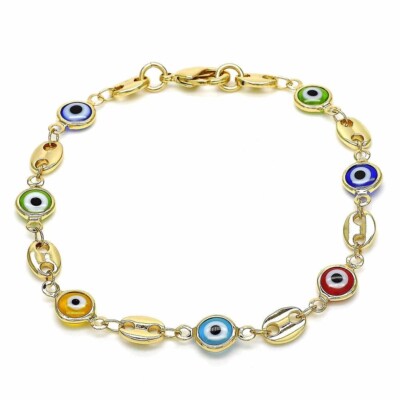 14K GOLD PLATED 7" BRACELET W/MULTICOLOR EVIL EYES & PUFFED MARINER ...