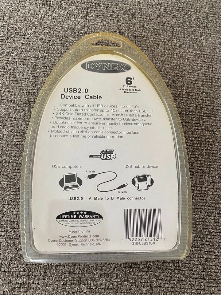 DYNEX USB 2.0 A-to-B Male Cable 6ft Standard Printer Cable BRAND NEW ...