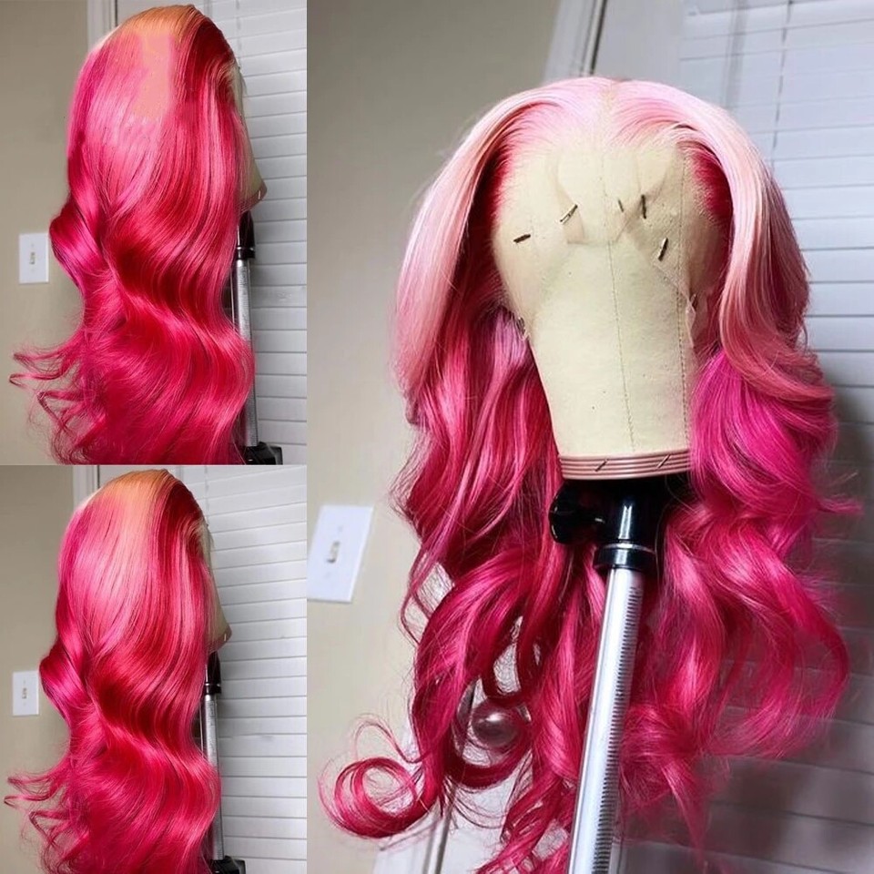 Pink to Purple Ombre Wigs Two Tone Long Wave Lace Front Wigs for Women ...