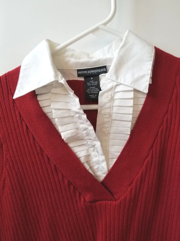 Petite Sophisticate Womens Red Sweater/Ruffled Dress Shirt Combo Size S ...