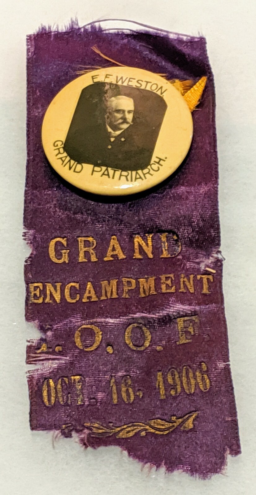 Rare 1906 IOOF GRAND ENCAMPMENT Ribbon pin button w Grand Patriarch E.F ...