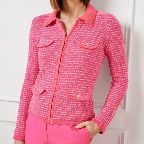 Talbots WOMENS 2X Cardigan Sweater Pink Orange Dash Stripe Collared ...