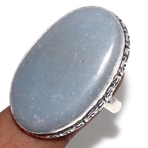 925 Silver Plated Angelite Ethnic Ring Handmade Gemstone Jewelry Size ...